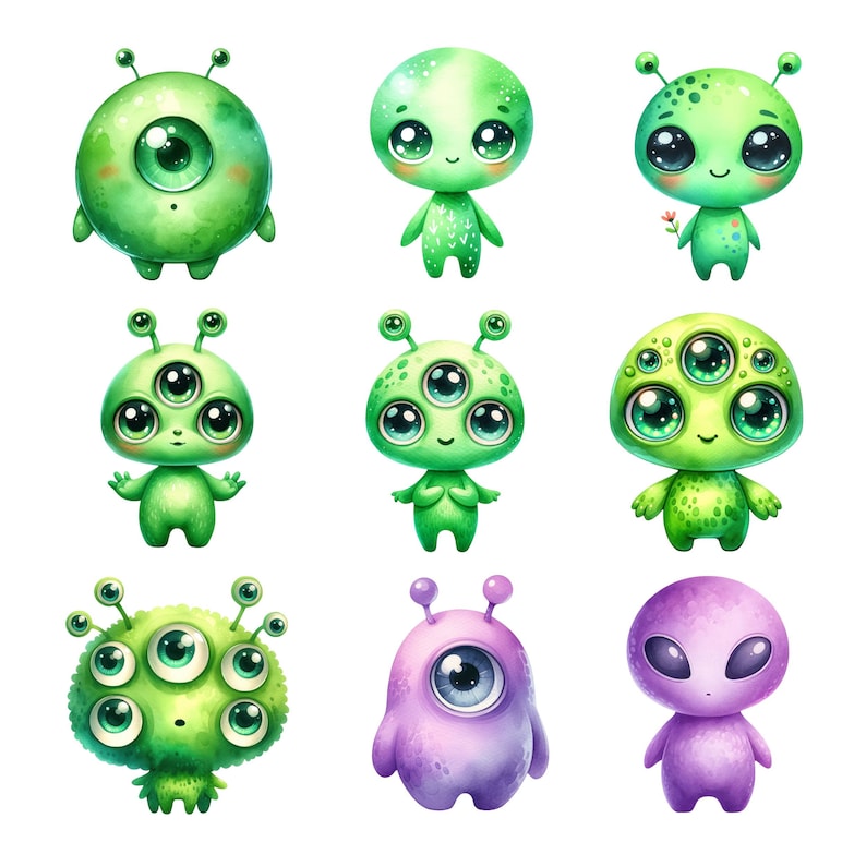 Cute Alien & UFO Watercolor Clipart Bundle, Outer Space, Galaxy Clipart ...
