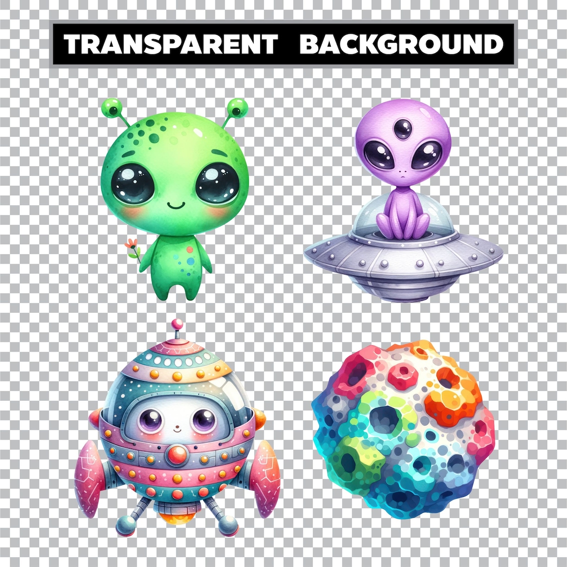 Cute Alien & UFO Watercolor Clipart Bundle, Outer Space, Galaxy Clipart ...