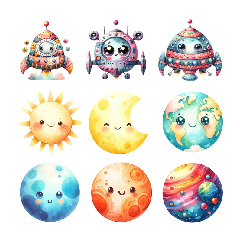 Cute Alien & UFO Watercolor Clipart Bundle, Outer Space, Galaxy Clipart ...