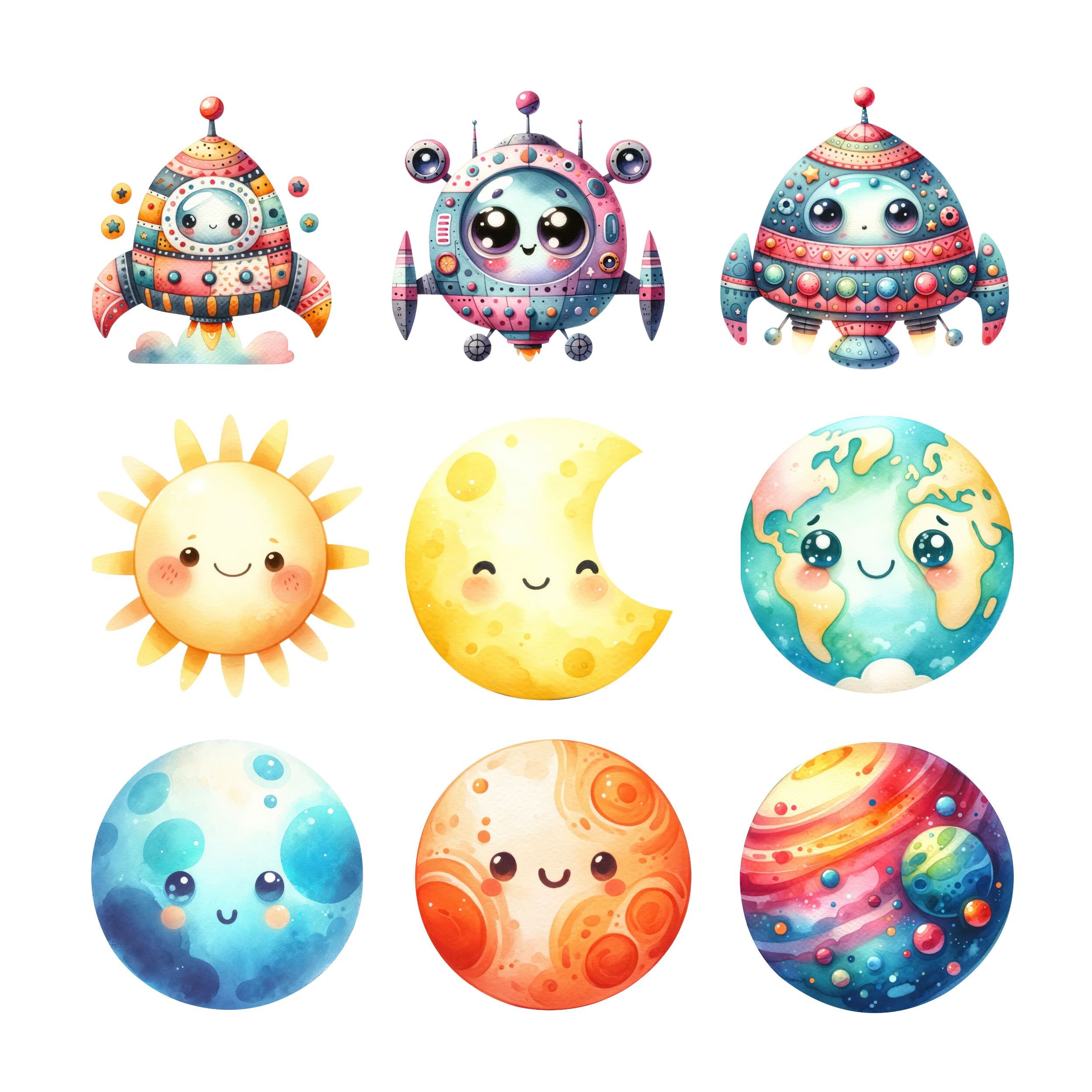 Cute Alien & UFO Watercolor Clipart Bundle, Outer Space, Galaxy Clipart ...