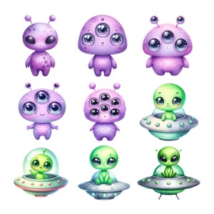 Cute Alien & UFO Watercolor Clipart Bundle, Outer Space, Galaxy Clipart ...