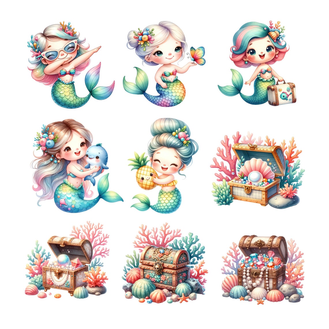 Cute Mermaid Watercolor Cliparts Bundle, 70 PNG, Mermaid Cliparts ...