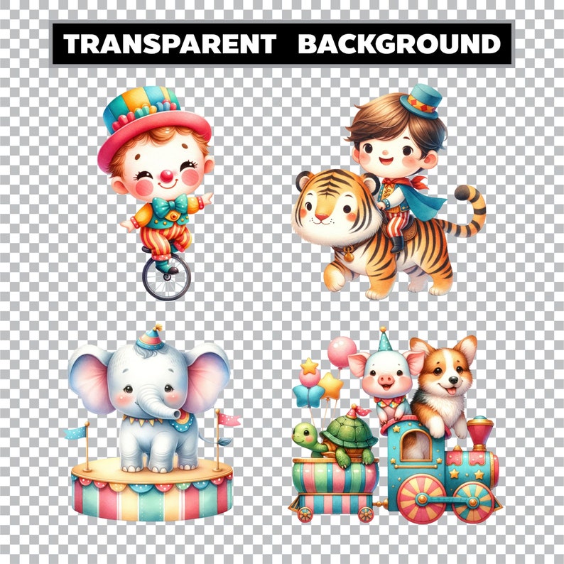 Cute Circus Animals Watercolor Clipart, 60 PNG, Circus Animals, Circus ...