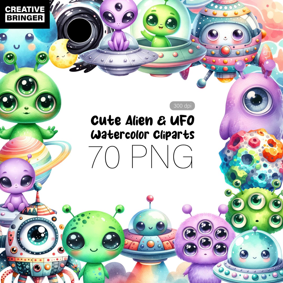 Cute Alien & UFO Watercolor Clipart Bundle, Outer Space, Galaxy Clipart ...