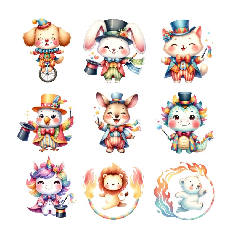 Cute Circus Animals Watercolor Clipart, 60 PNG, Circus Animals, Circus ...