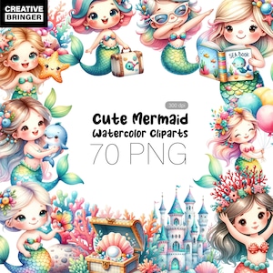 Cute Mermaid Watercolor Cliparts Bundle, 70 PNG, Mermaid Cliparts ...