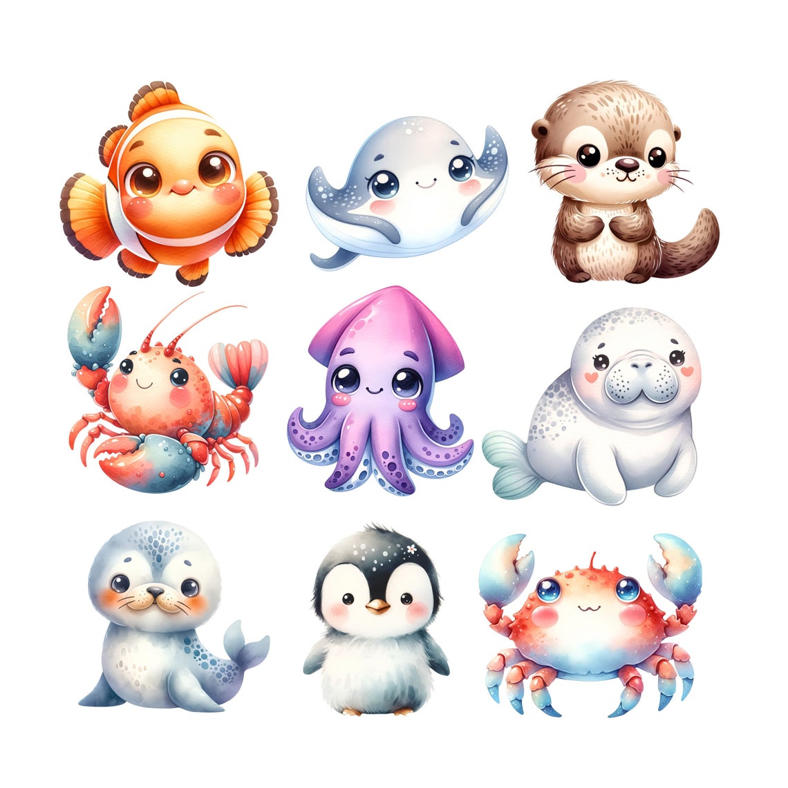 Cute Under the Sea Watercolor Cliparts Bundle, 30 PNG, Nursery Decor ...