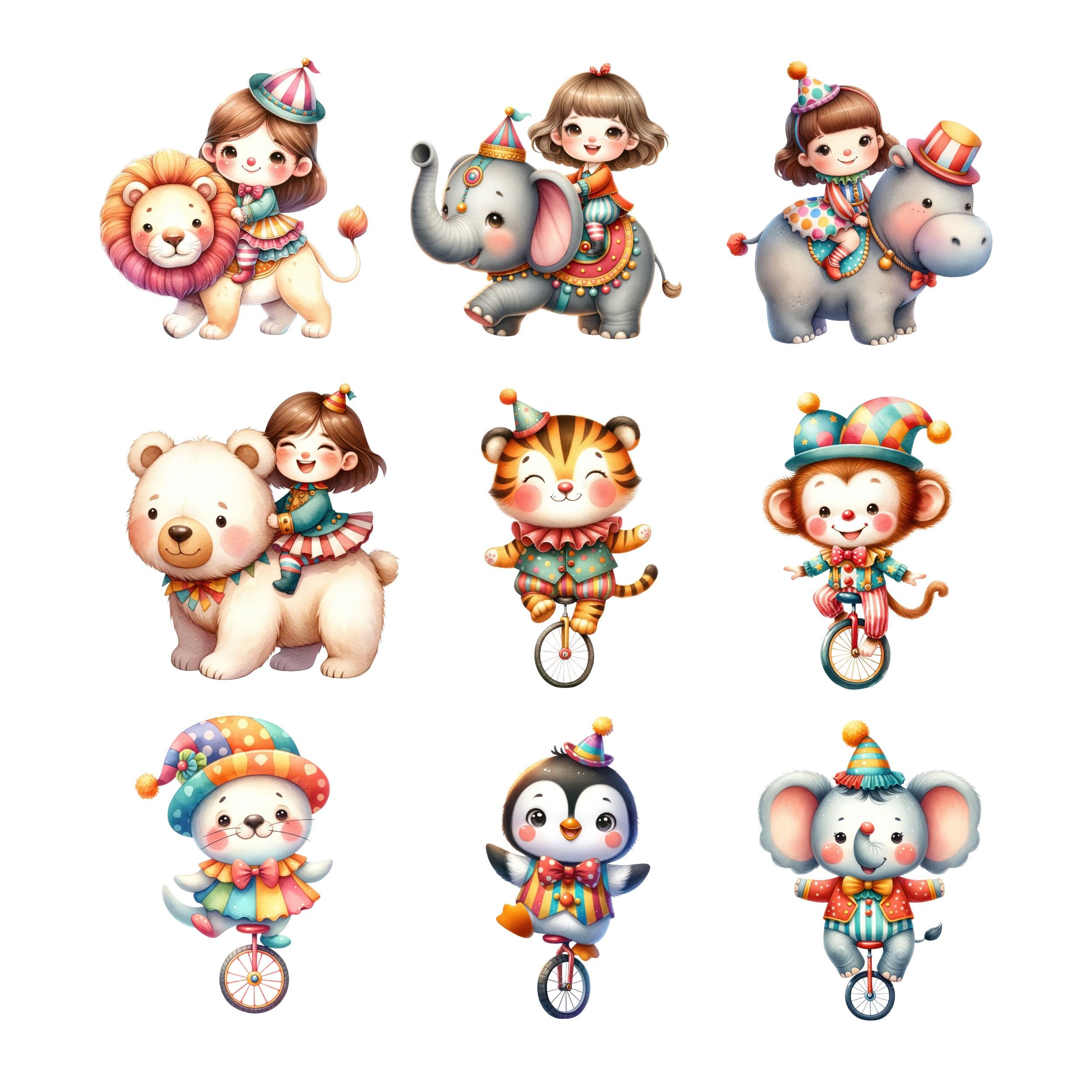 Cute Circus Animals Watercolor Clipart, 60 PNG, Circus Animals, Circus ...