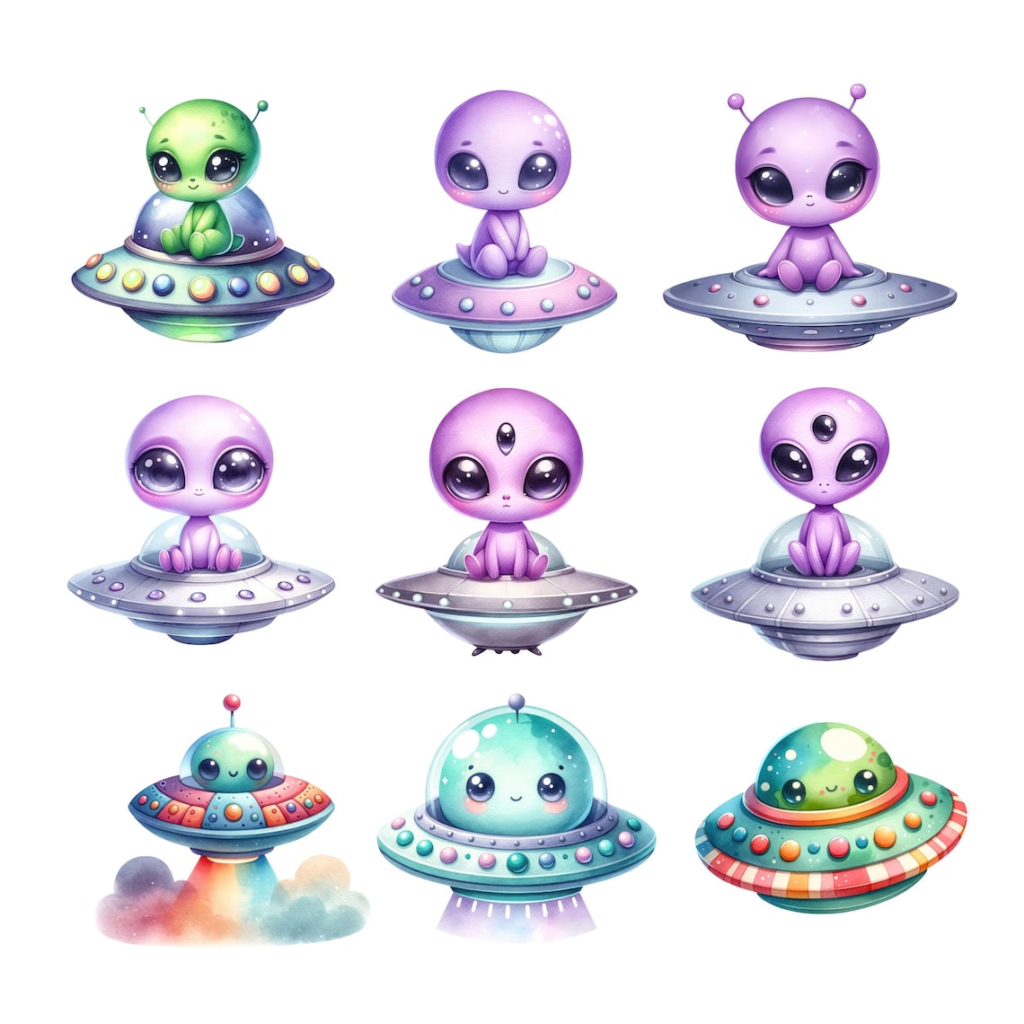 Cute Alien & UFO Watercolor Clipart Bundle, Outer Space, Galaxy Clipart ...
