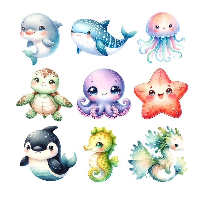 Cute Under the Sea Watercolor Cliparts Bundle, 30 PNG, Nursery Decor ...