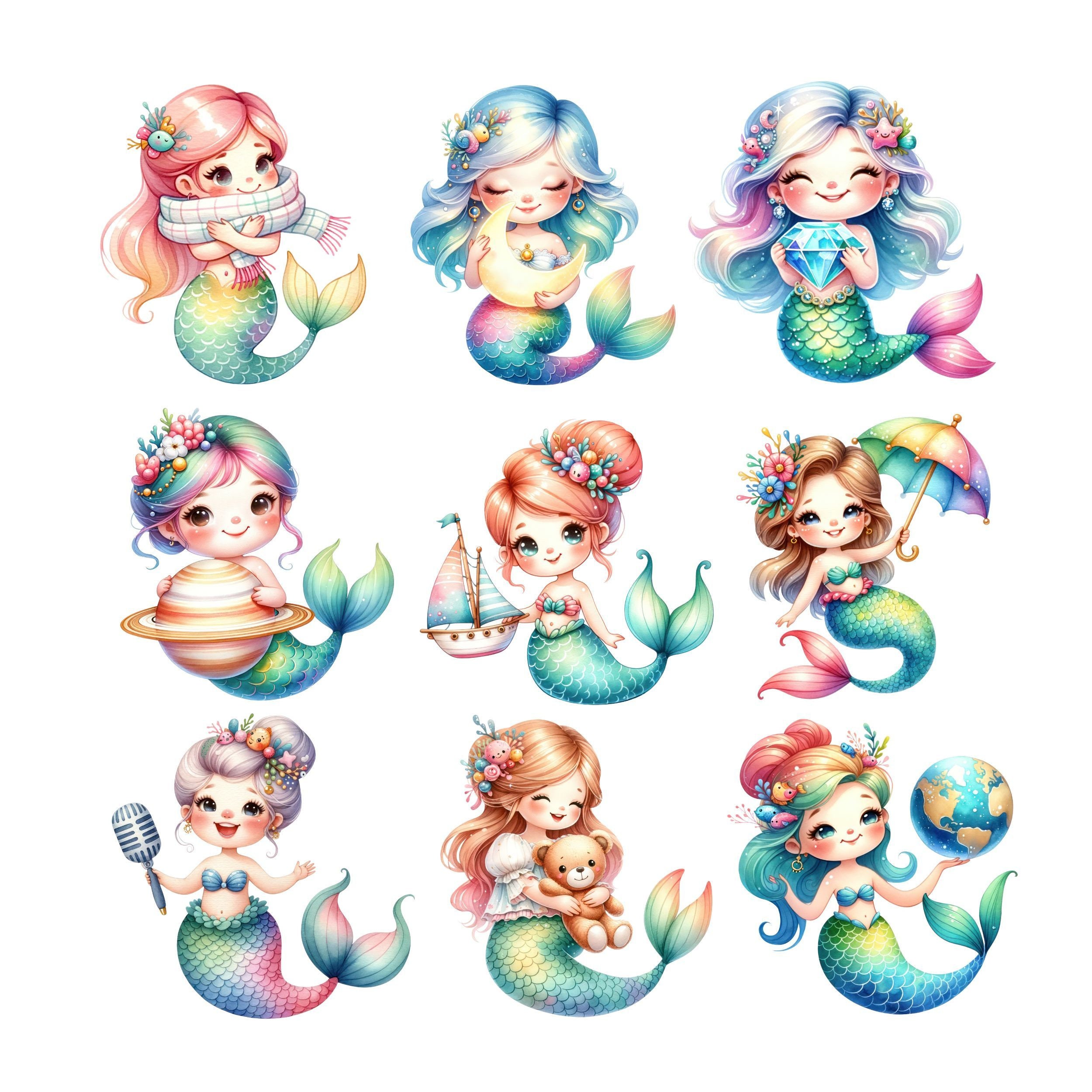 Cute Mermaid Watercolor Cliparts Bundle, 70 PNG, Mermaid Cliparts ...