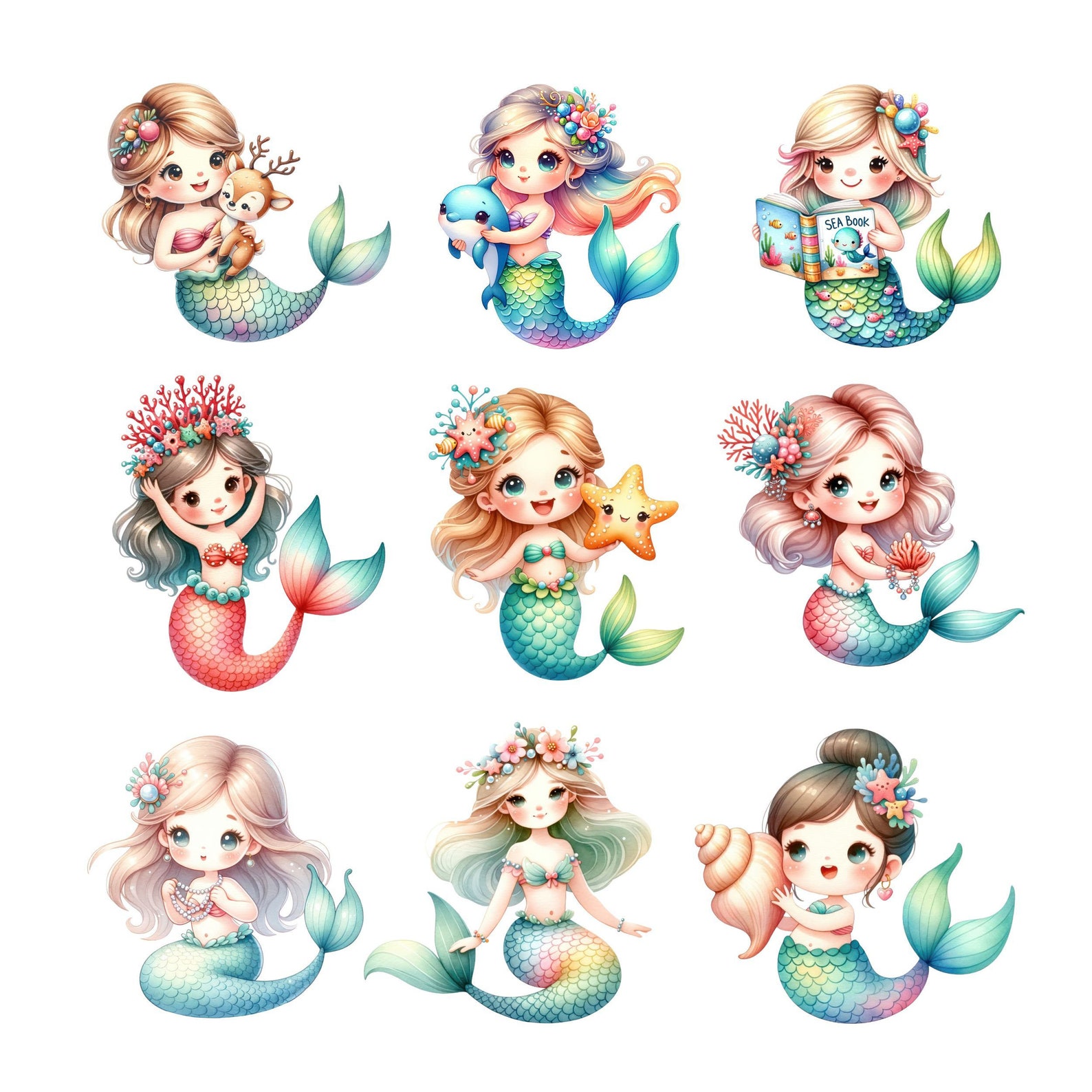 Cute Mermaid Watercolor Cliparts Bundle, 70 PNG, Mermaid Cliparts ...