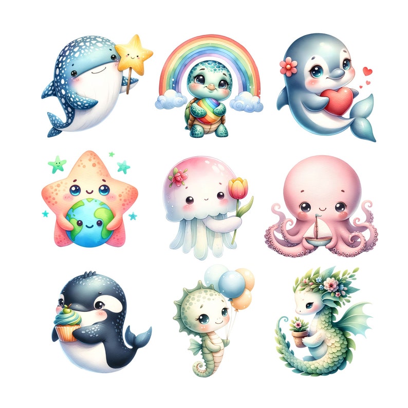 Cute Under the Sea Watercolor Cliparts Bundle, 30 PNG, Nursery Decor ...