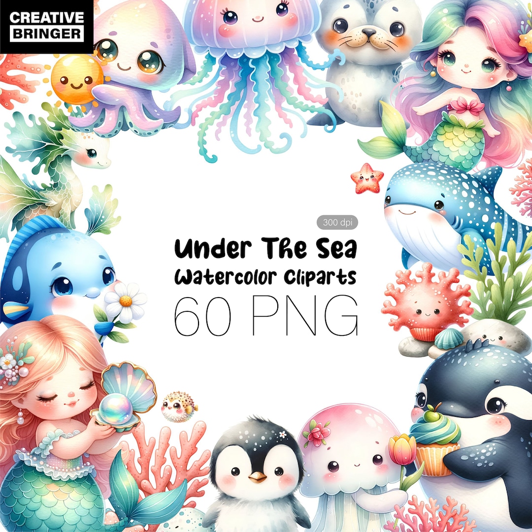 Cute Under the Sea Watercolor Cliparts Bundle, 60 PNG, Nursery Decor ...