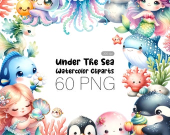 Cute Under the Sea Watercolor Cliparts Bundle, 30 PNG, Nursery Decor ...
