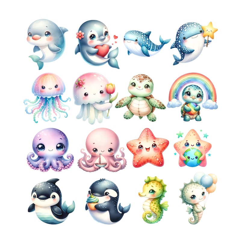 Cute Under the Sea Watercolor Cliparts Bundle, 60 PNG, Nursery Decor ...