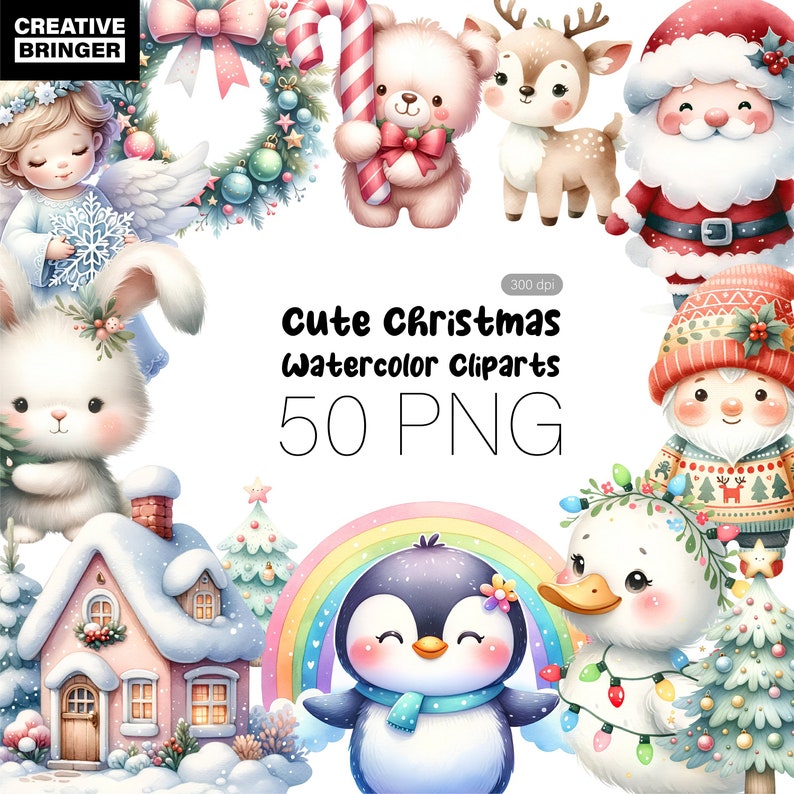 Cute Christmas Watercolor Cliparts , 50 PNG Christmas Cliparts, Fantasy ...