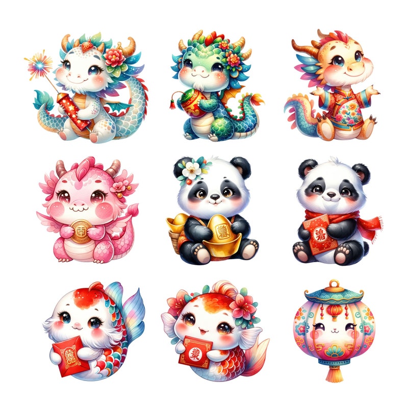 Cute Chinese New Year Watercolor Cliparts Bundle, 60 PNG, Dragon ...