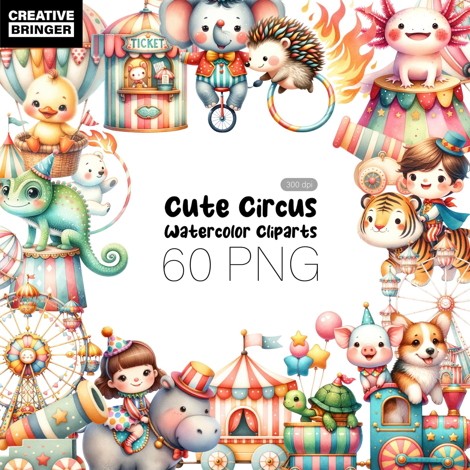 Cute Circus Animals Watercolor Clipart, 60 PNG, Circus Animals, Circus ...
