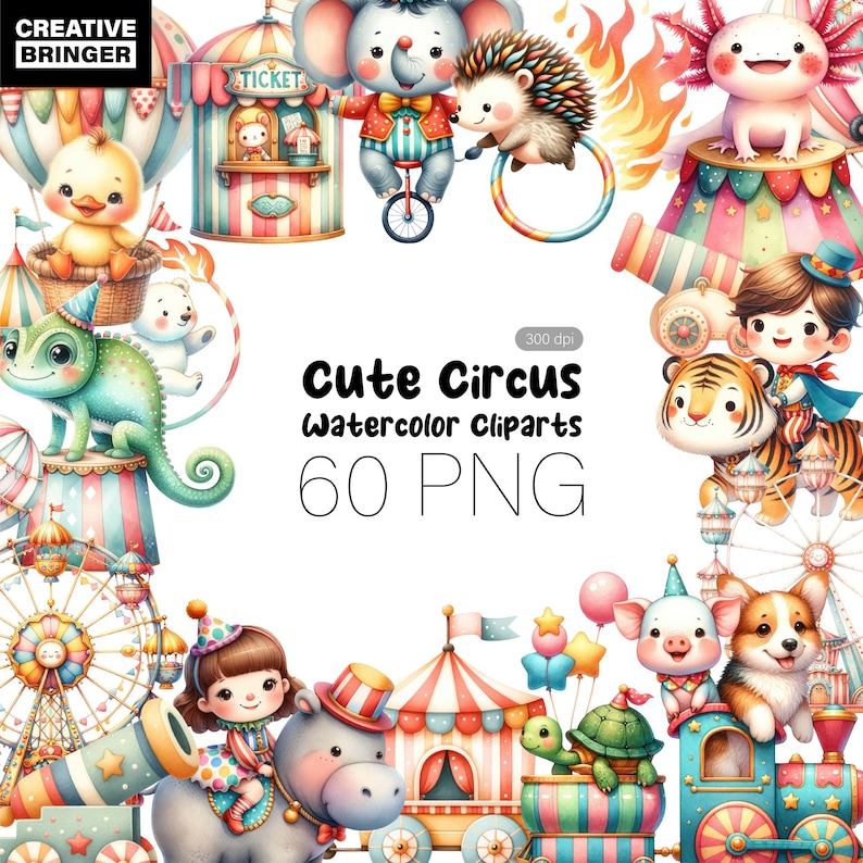 Cute Circus Animals Watercolor Clipart, 60 PNG, Circus Animals, Circus ...
