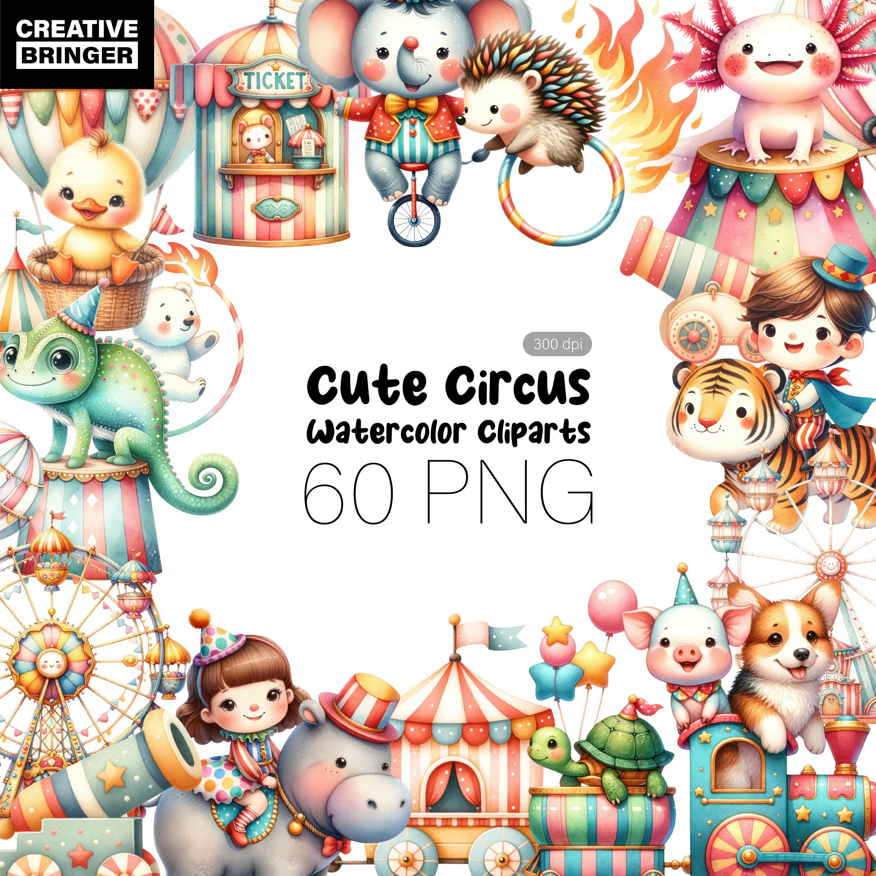 Cute Circus Animals Watercolor Clipart, 60 PNG, Circus Animals, Circus ...