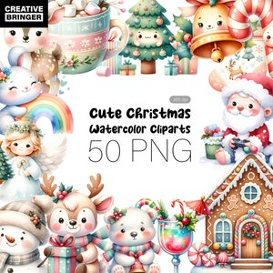 Cute Christmas Watercolor Cliparts , 50 PNG Christmas Cliparts, Fantasy ...