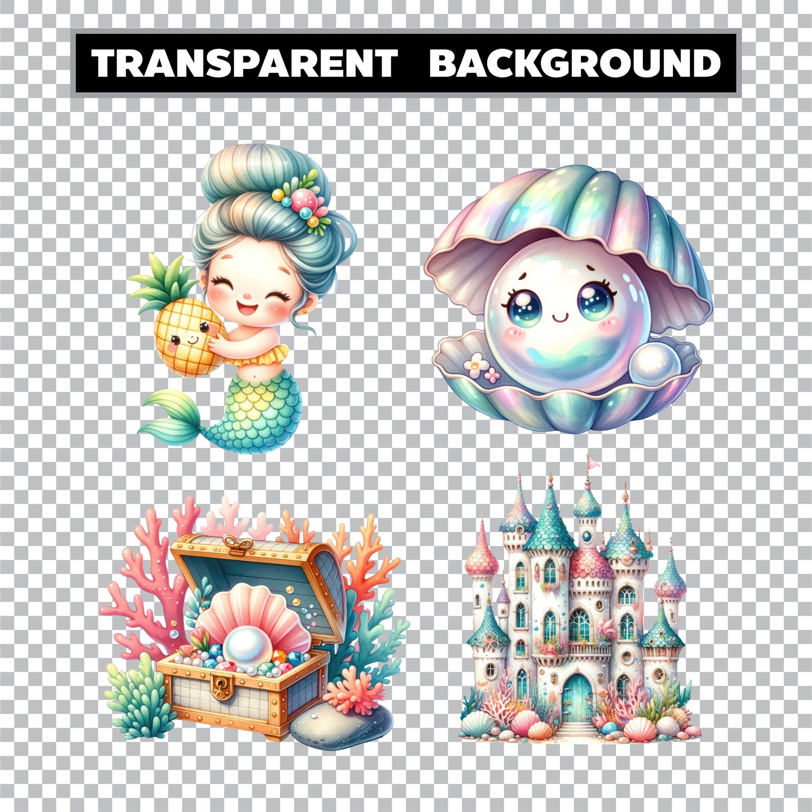 Cute Mermaid Watercolor Cliparts Bundle, 70 PNG, Mermaid Cliparts ...