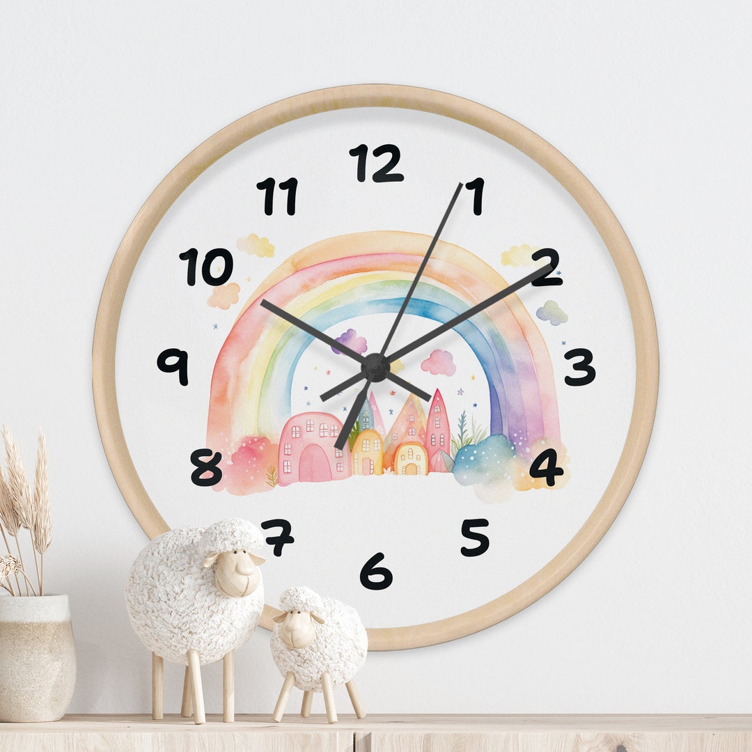 Rainbow Wall Clock, Decorative Nursery, Rainbow Minimalist Design, Watercolour Baby Decor ...