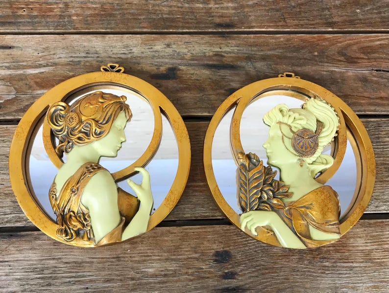 Pair of 2 Art Nouveau Lady Figural Gold Tone Resin Mirrors Composite ...