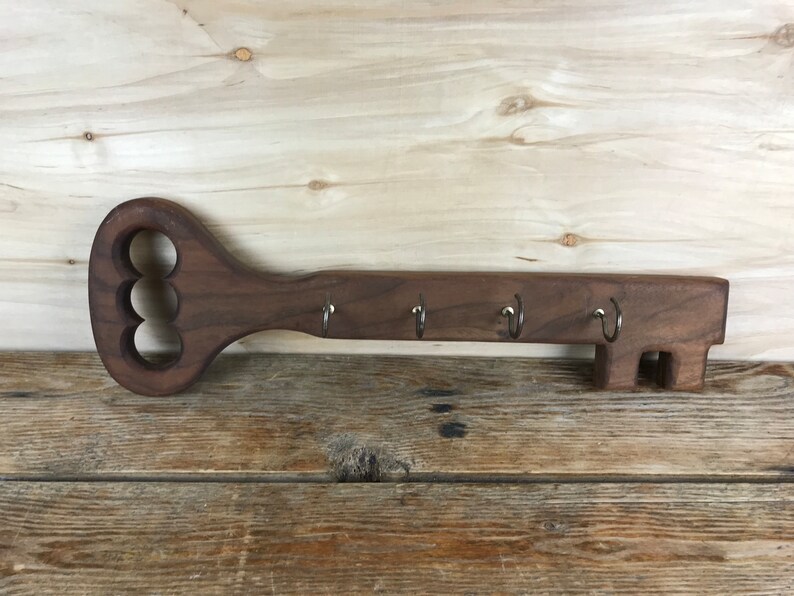 Vintage Wood Key Holder Skeleton Key Shaped Wall Hanging 4 Hooks 16 ...