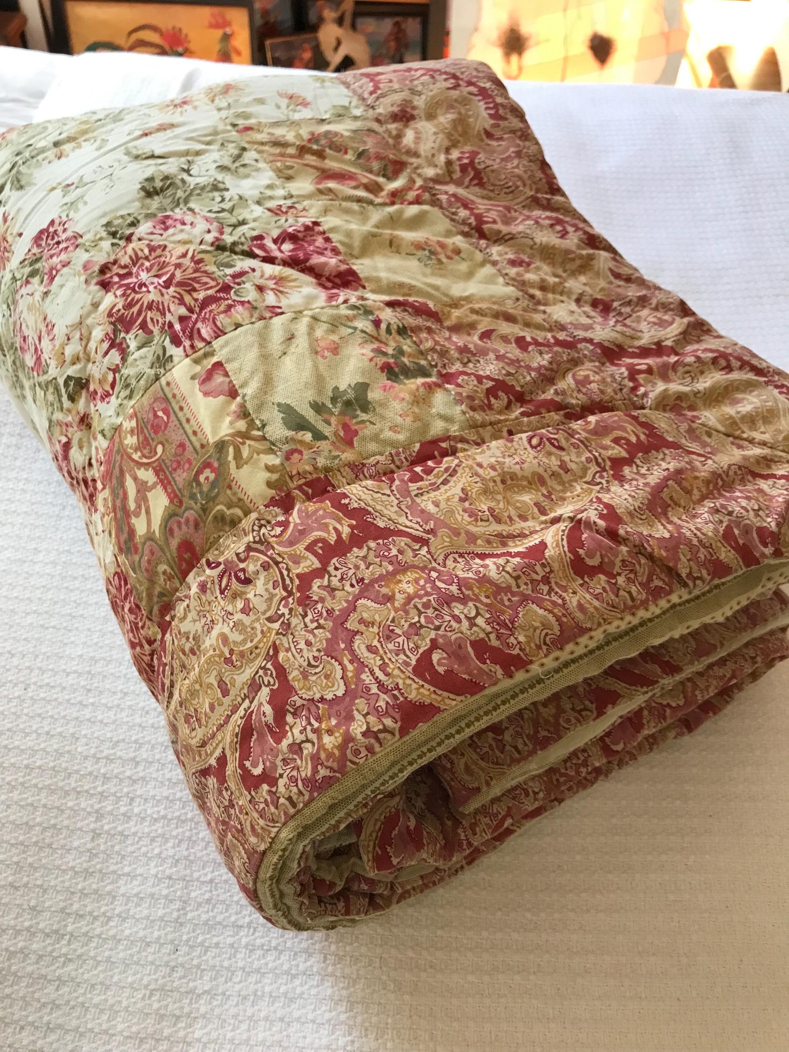 Vtg Cottagecore Patchwork Quilt Full Size Floral Pink Tan Red Paisley ...