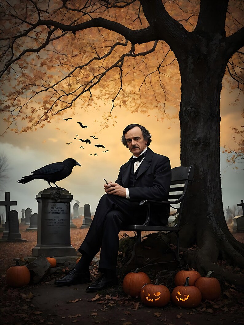 Halloween - Edgar Allan Poe and the Crow, Sitting in a Cemetary ...