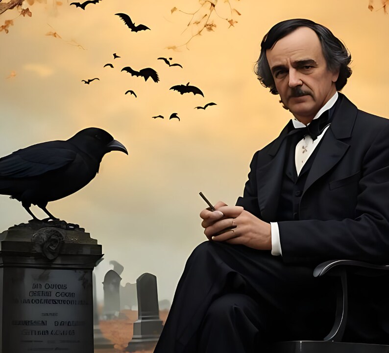 Halloween - Edgar Allan Poe and the Crow, Sitting in a Cemetary ...
