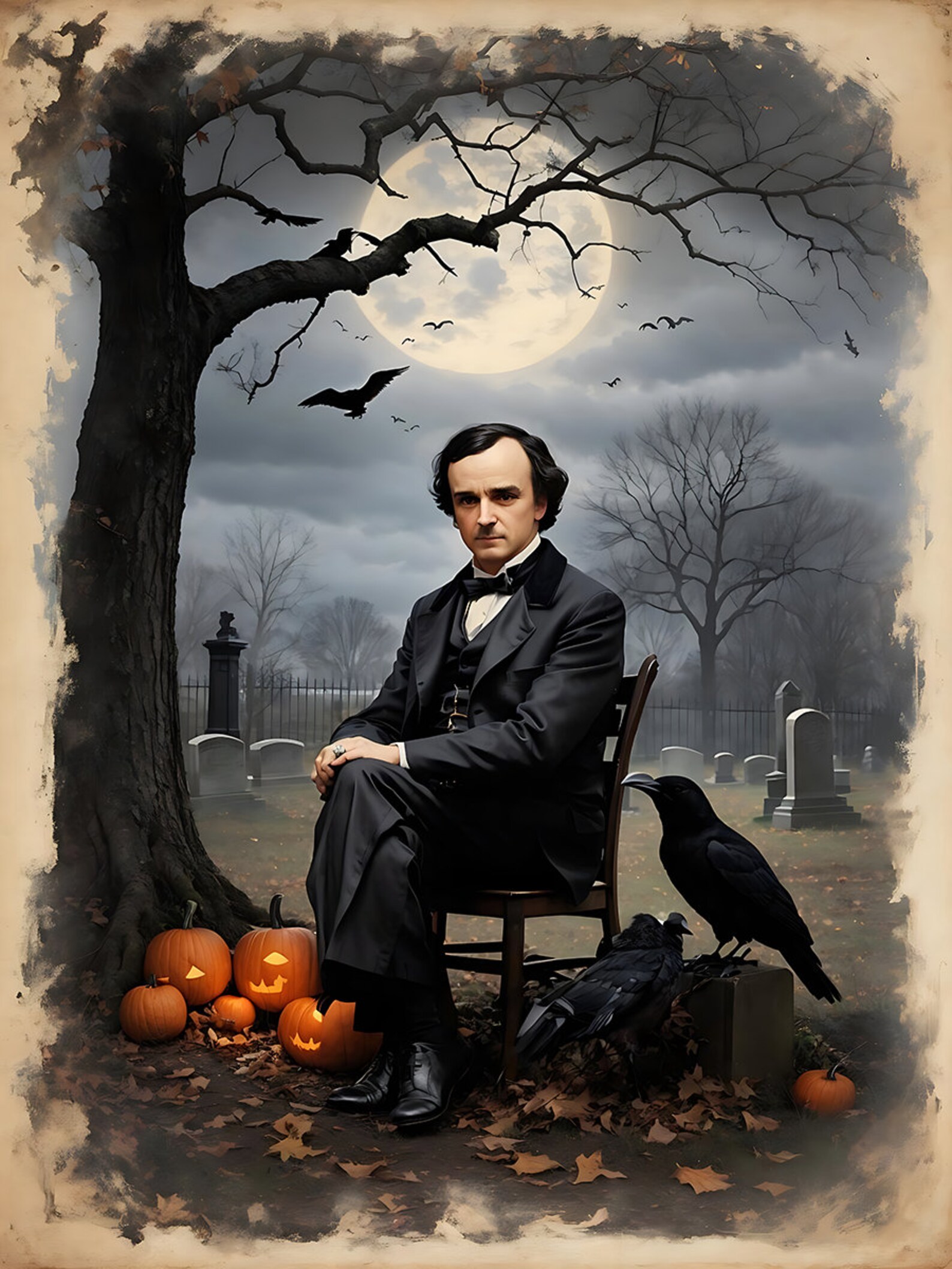 Halloween - Edgar Allan Poe and the Crow, Sitting in a Cemetary ...