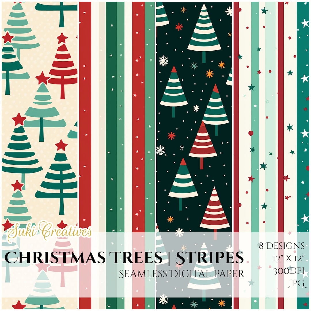 Christmas Trees Stripes 8 Seamless Designs Digital Papers Card Making ...