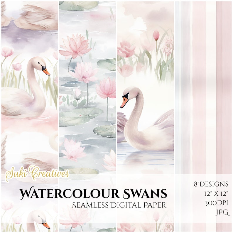 Watercolour Swans | 8 Seamless Designs - Digital Papers | Card Making ...