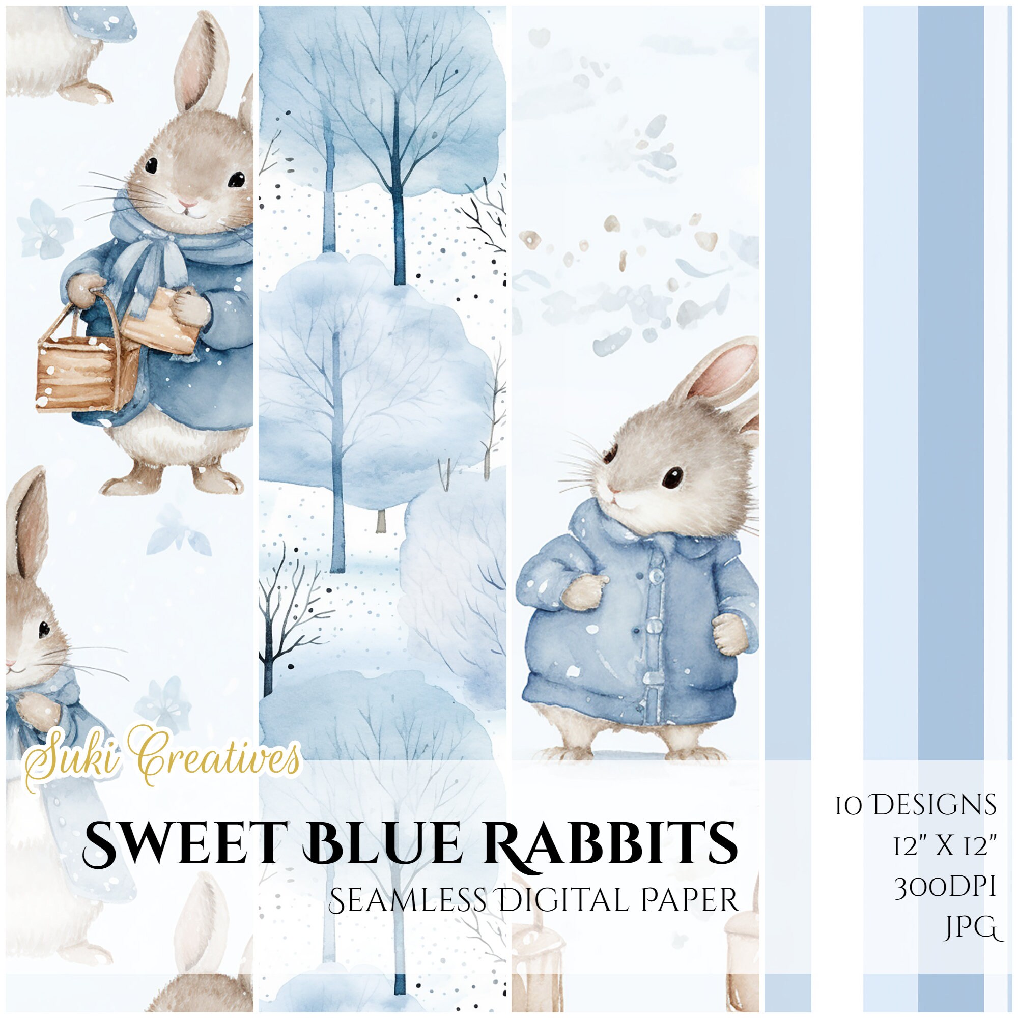 Sweet Blue Rabbits 10 Seamless Designs Digital Papers Card Making ...