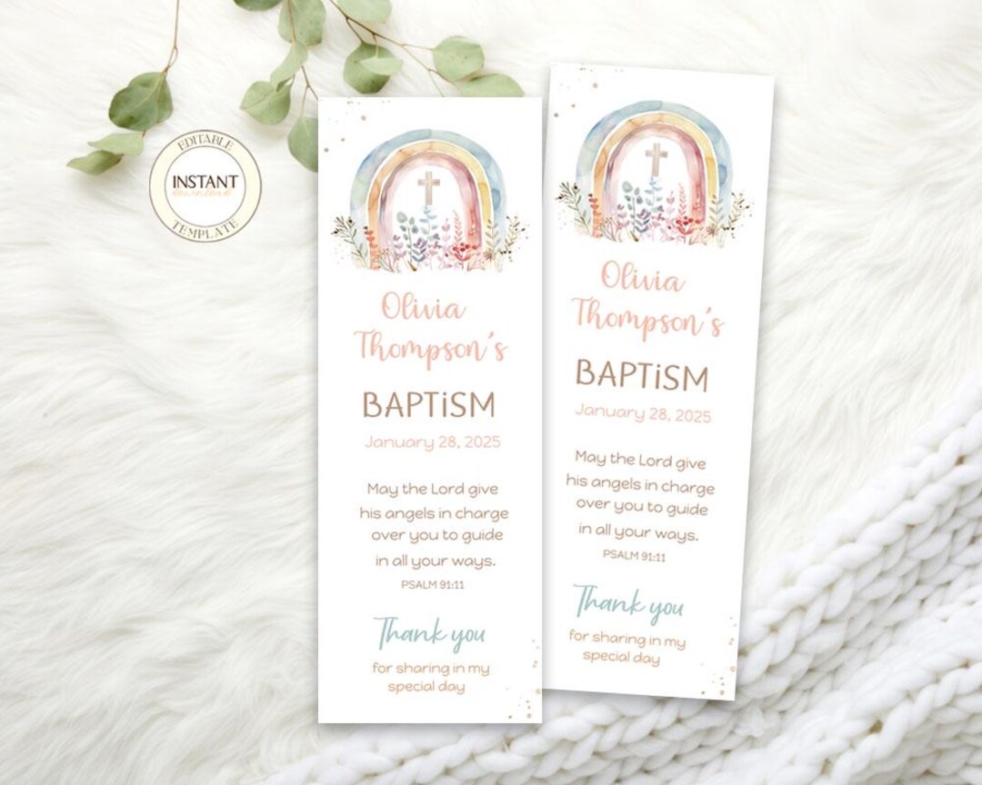 Boho Baptism Editable Bookmark Christening Neutral Rainbow Wildflower ...