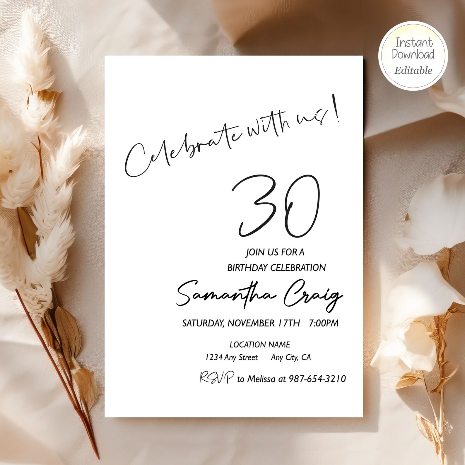 Editable Minimalist Birthday Invitation 30 40 50 Celebrate - Etsy