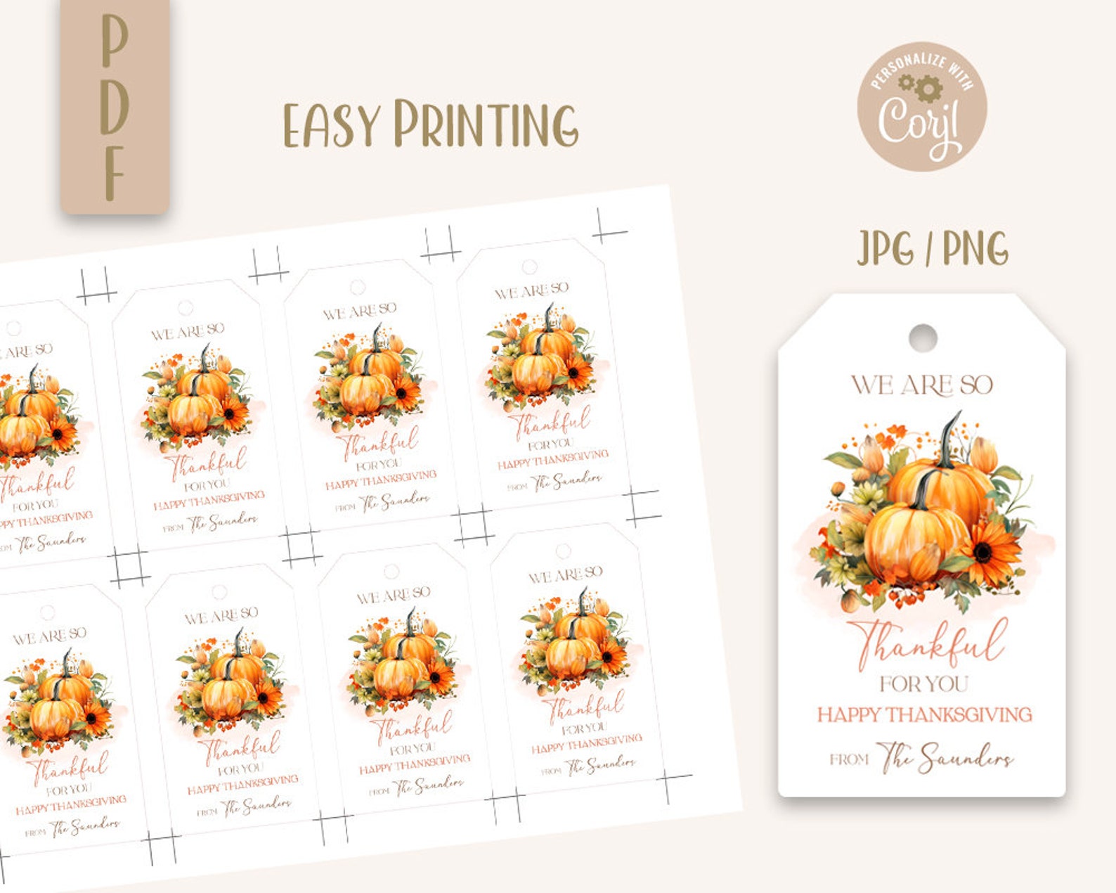 Pumpkin Fall Gift Tag: Editable Thanksgiving Favor (digital Template ...