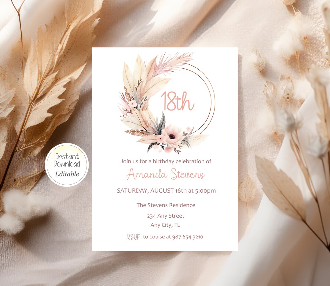 18th Birthday Boho Invitation Party Editable Blush Pampas Grass ...