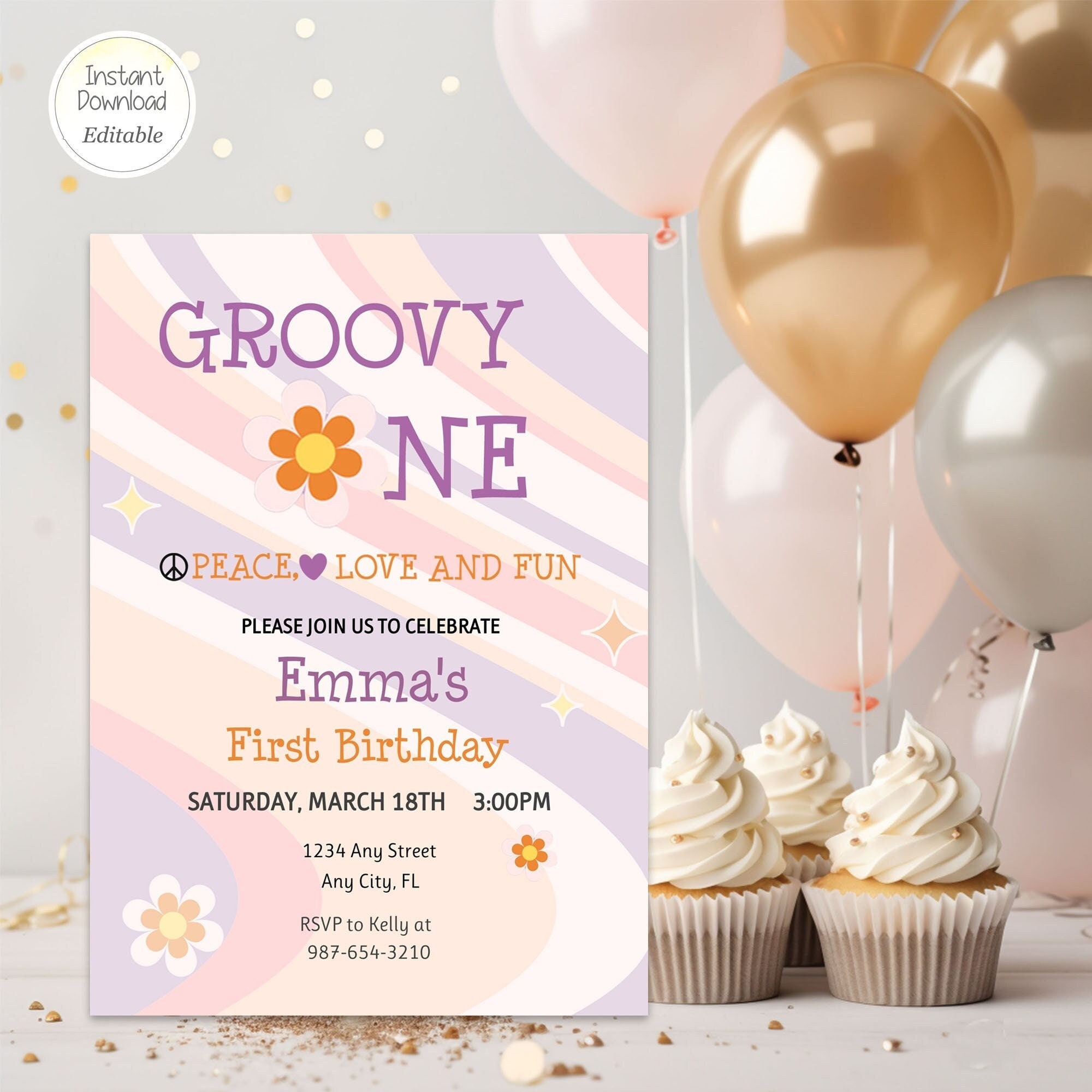 Editable Groovy One Birthday Invitation First Birthday Retro Party Template Instant Download ...