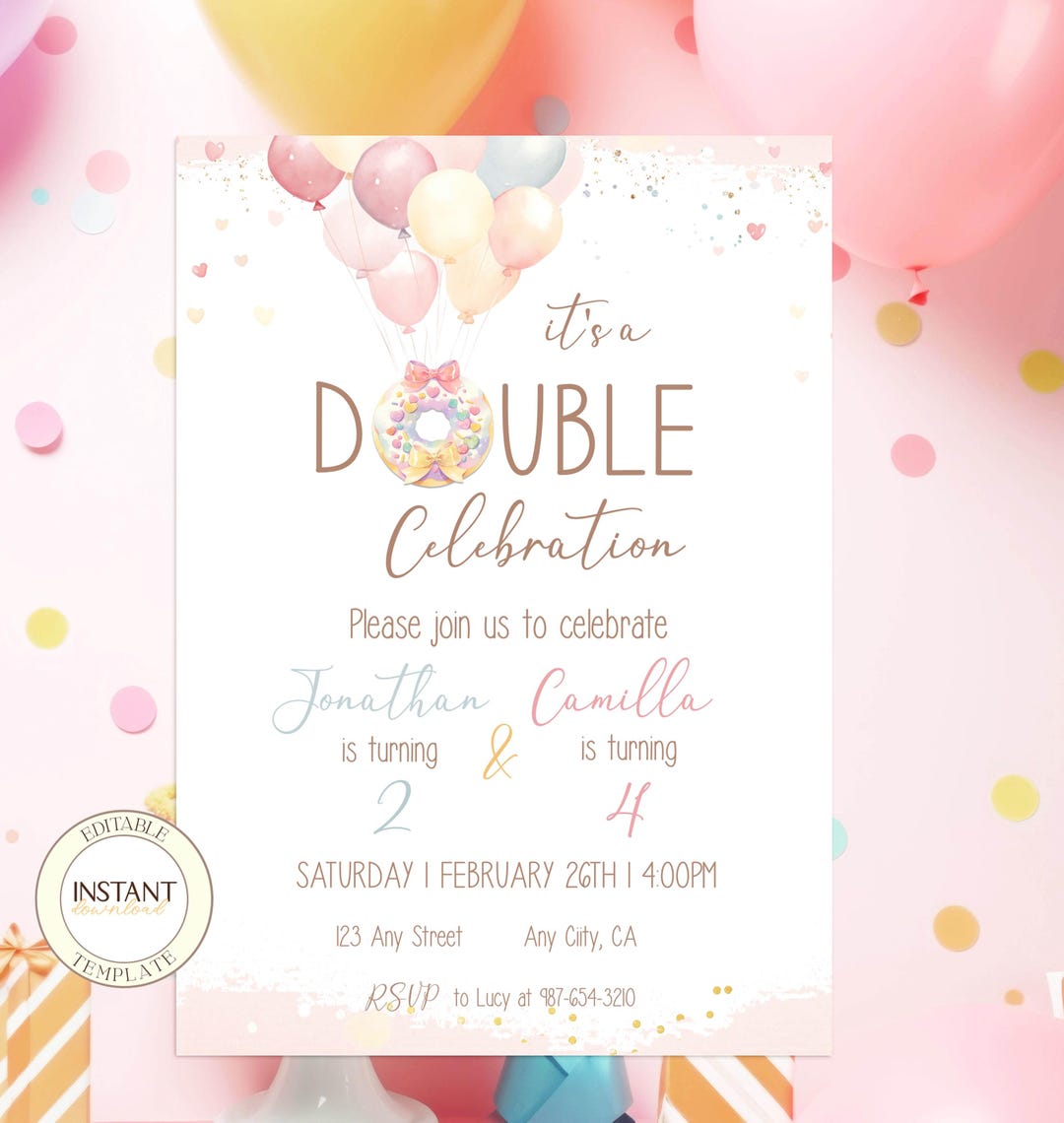 Double Celebration Editable Invitation Sibling Birthday Donut Sweet ...