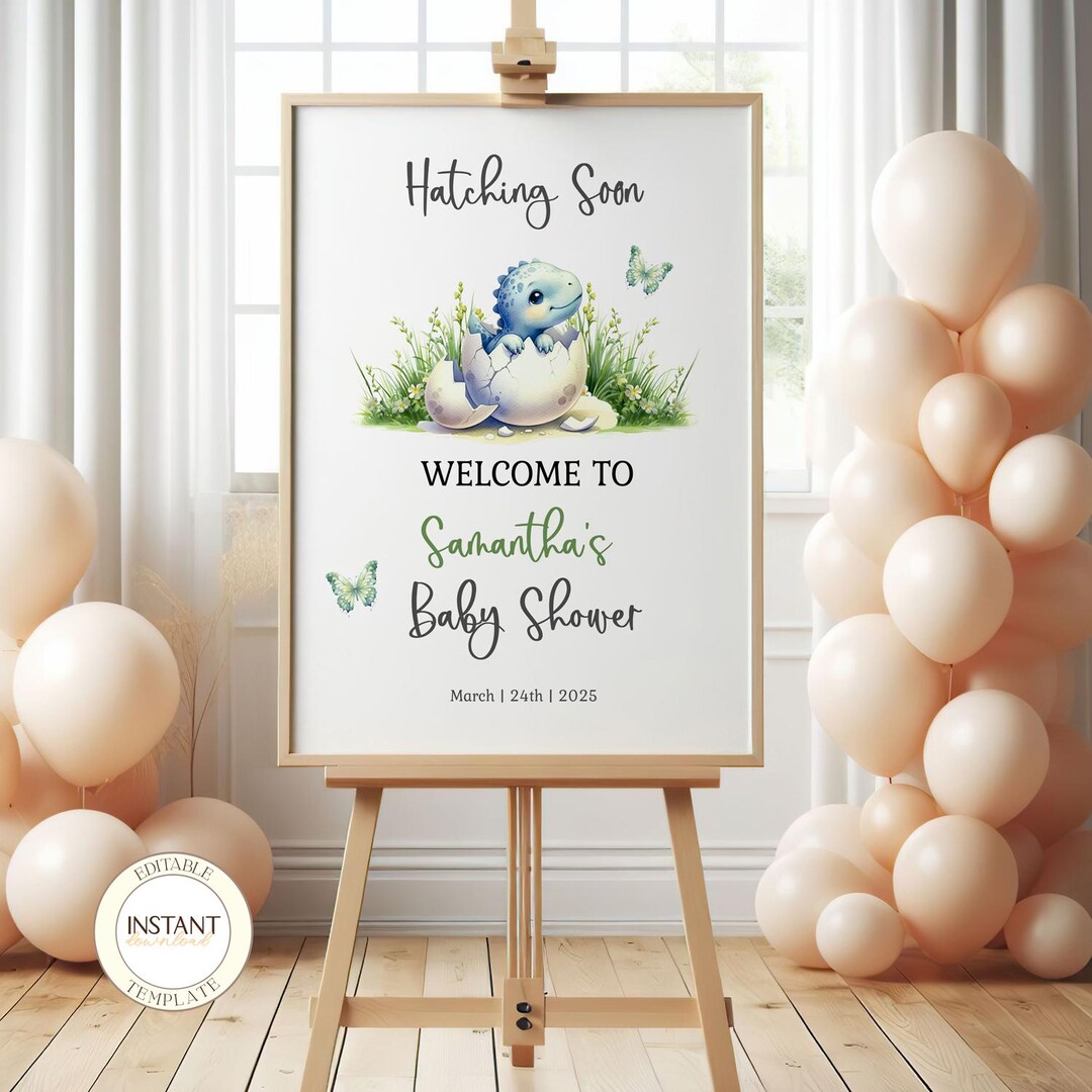 Hatching Soon Baby Shower Welcome Sign Editable Baby Boy Dinosaur ...