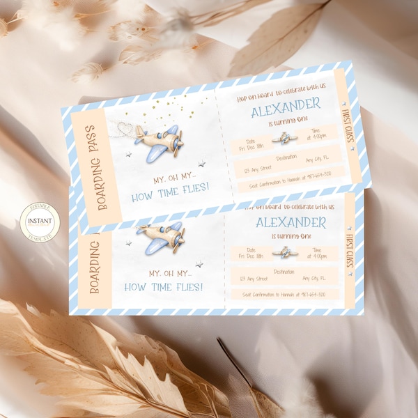 Airplane Birthday Editable Invitation Fly on Over Birthday Boy Blue ...