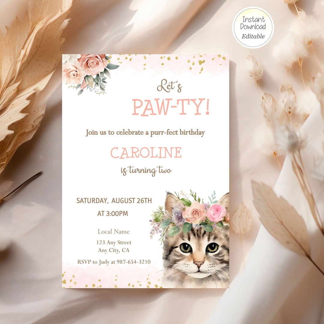 Editable Cat Birthday Party Invitation Kitten Birthday Floral Pawty ...