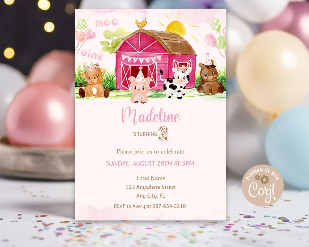 Editable Farm Birthday Invitation Pink Barnyard Girl Birthday Party ...