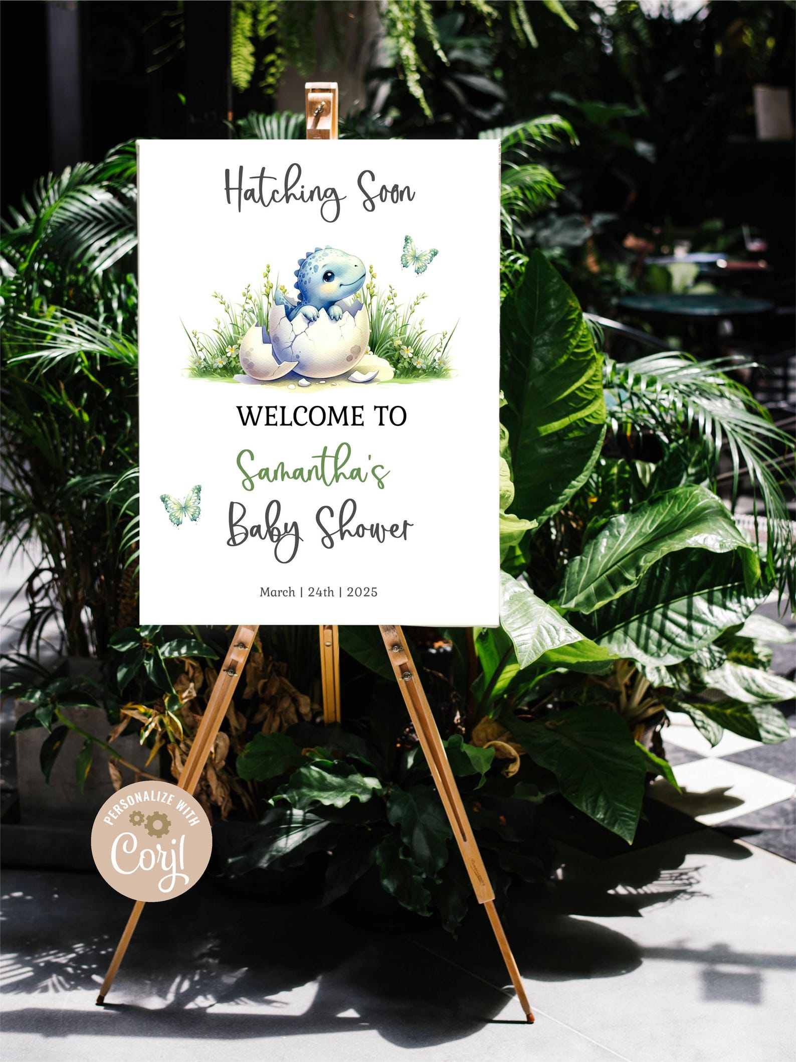 Hatching Soon Baby Shower Welcome Sign Editable Baby Boy Dinosaur ...