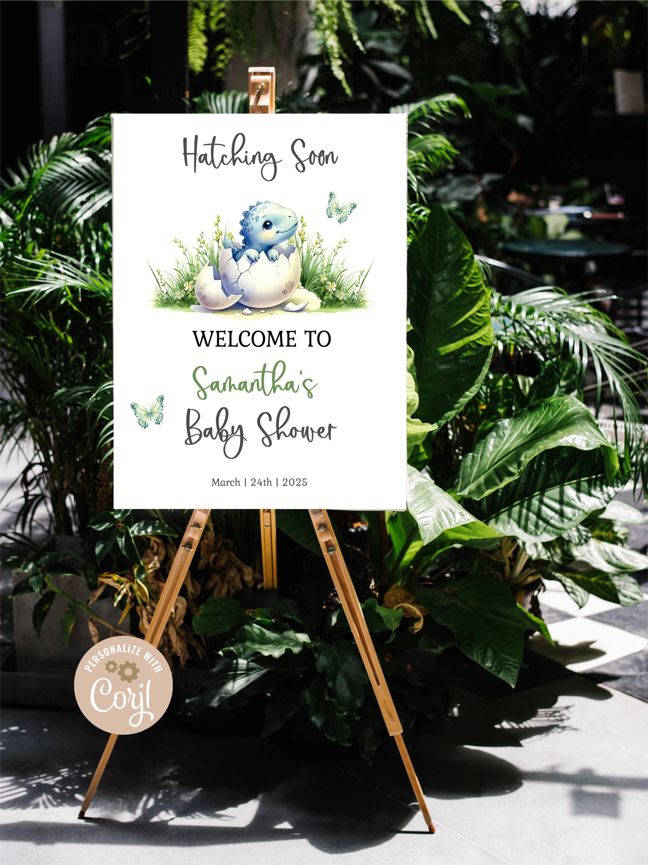 Hatching Soon Baby Shower Welcome Sign Editable Baby Boy Dinosaur ...