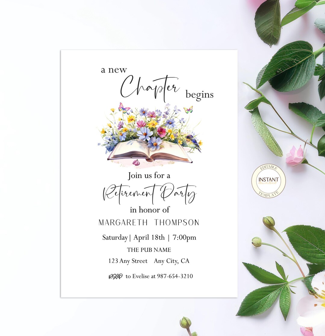 New Chapter Retirement Celebration Invitation Editable Modern Storybook ...